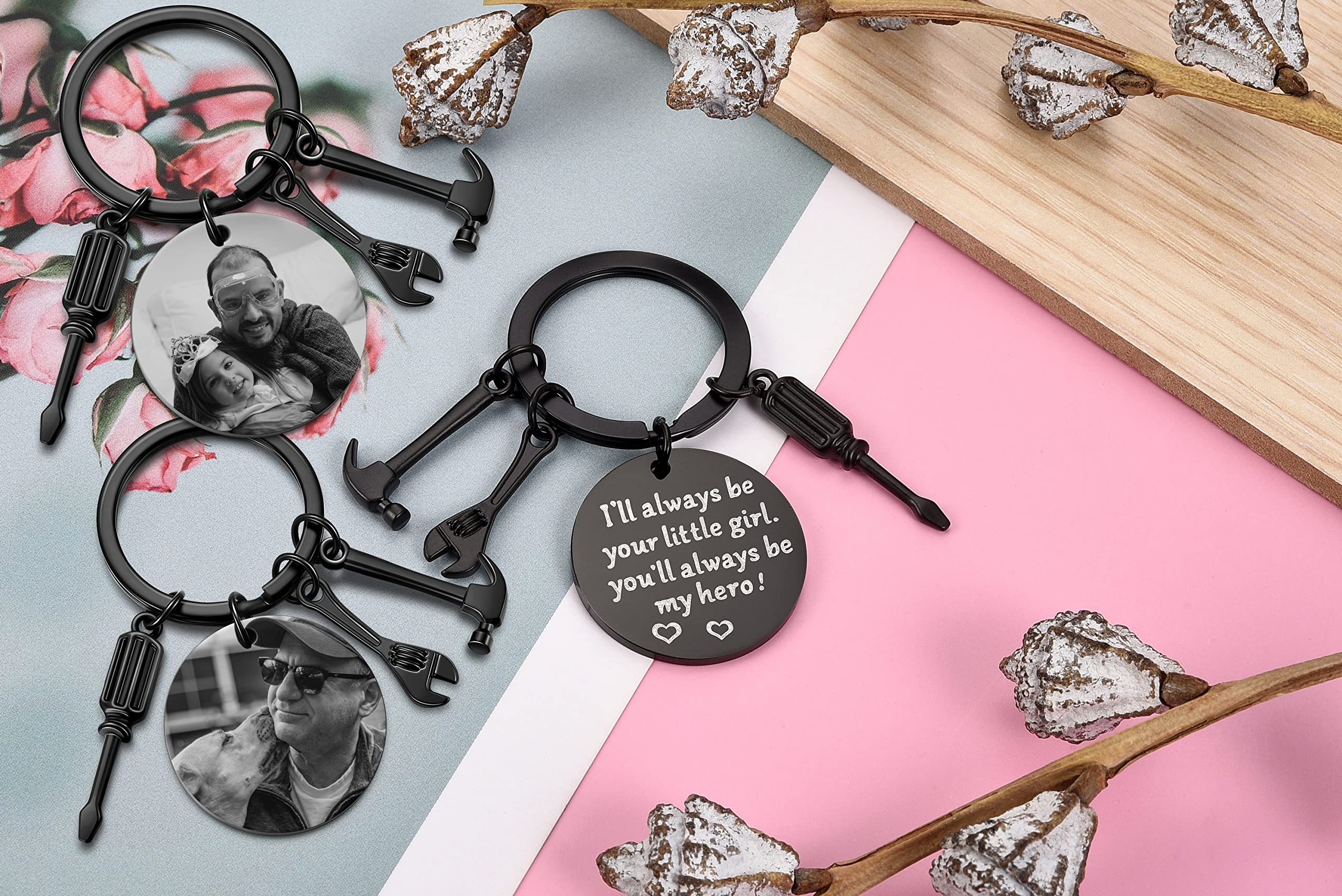 Personalized Master Dad keychain Father's Day Gift Keychain Your Little Girl My hero Custom Photo Picture Keychain for Men Dad Birthday Memorial Gift