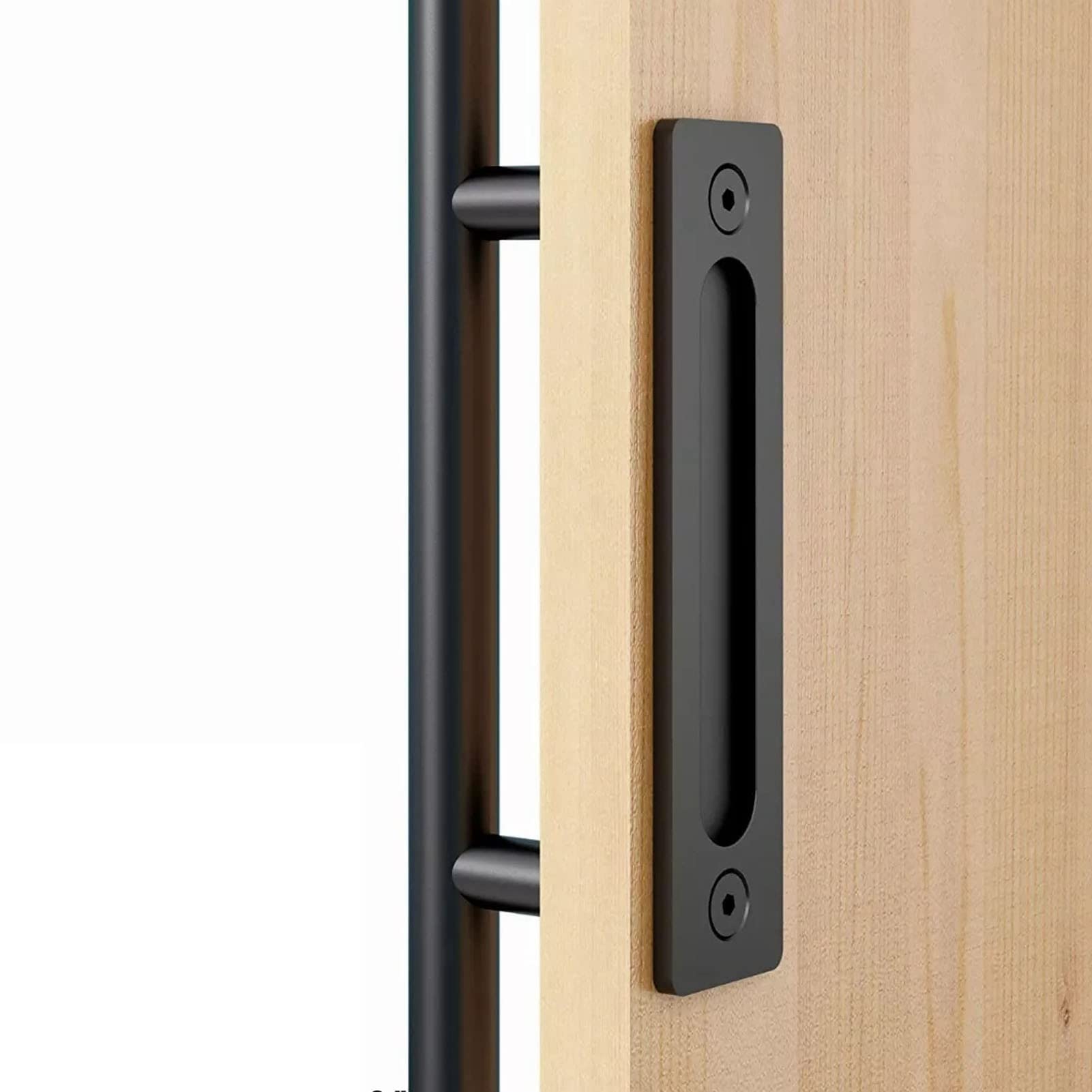 Sliding Barn Door Handle, Carbon Steel Sliding Glass Door Pull Handle Black Barn Door Handle and Flush Finger Pull with Lock Hook Latch Sets for Barn Doors, Cabinet, Garages, Wardrobes