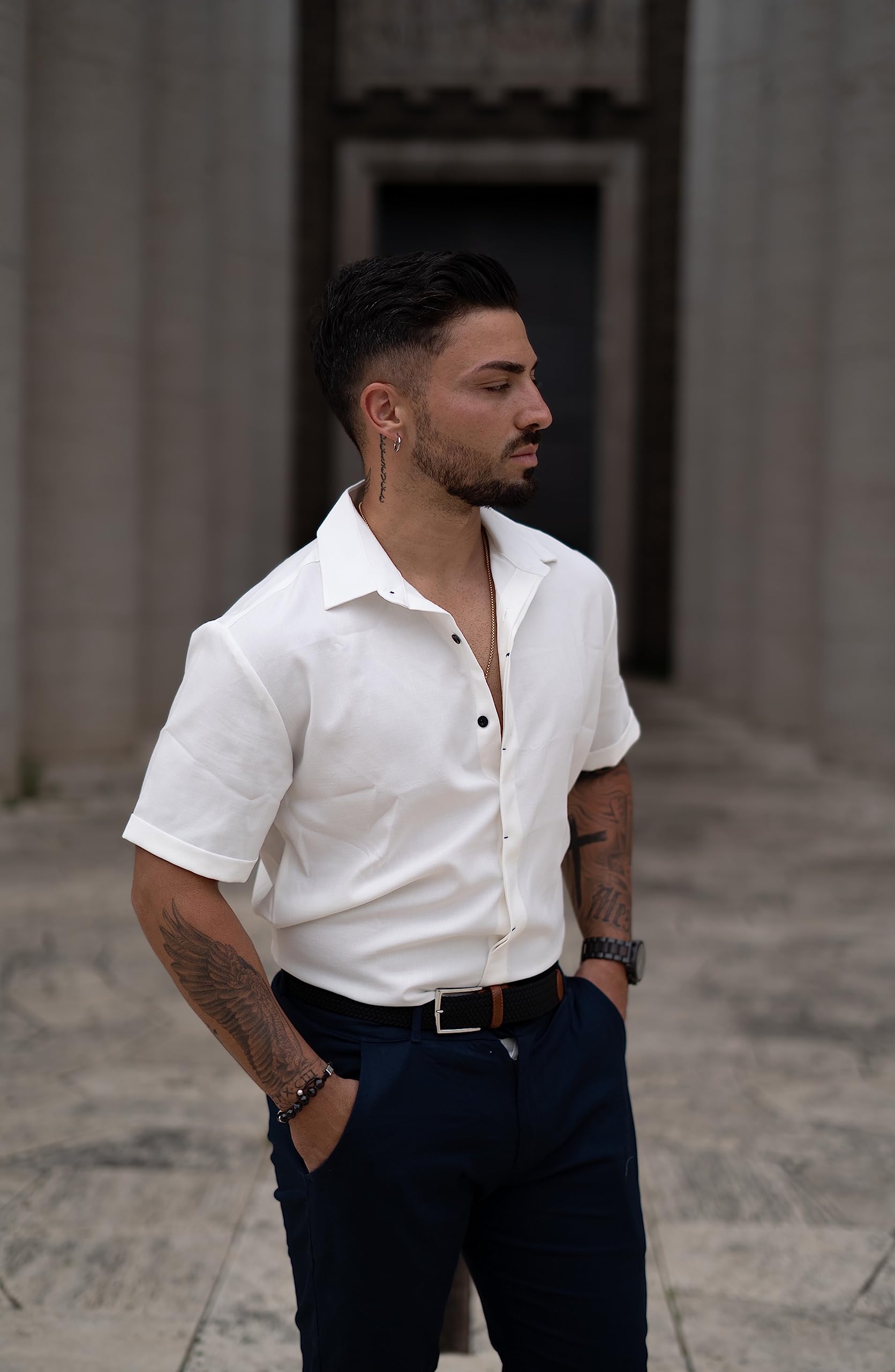 COOFANDY Men's Summer Linen Shirt - Short Sleeve, Casual Button Down, Beach Wedding - White