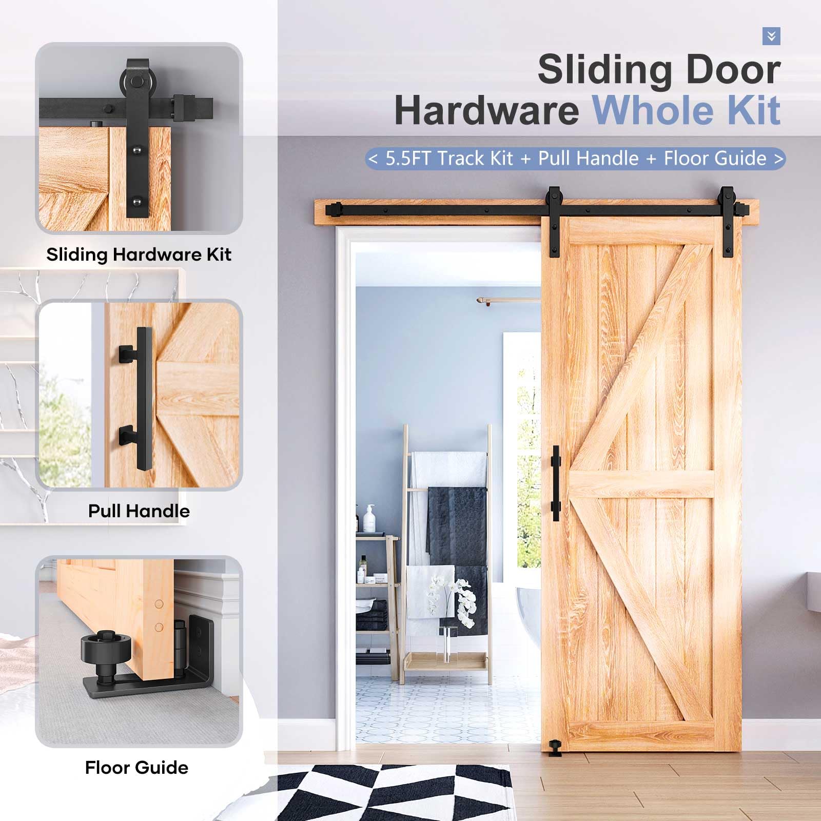 EaseLife 5.5 FT Sliding Barn Door Track and Handle Hardware Kit,Heavy Duty,Basic J Pulley,Slide Smoothly Quietly,Easy Install (5.5FT Track Kit for 30"~33" Wide Single Door)