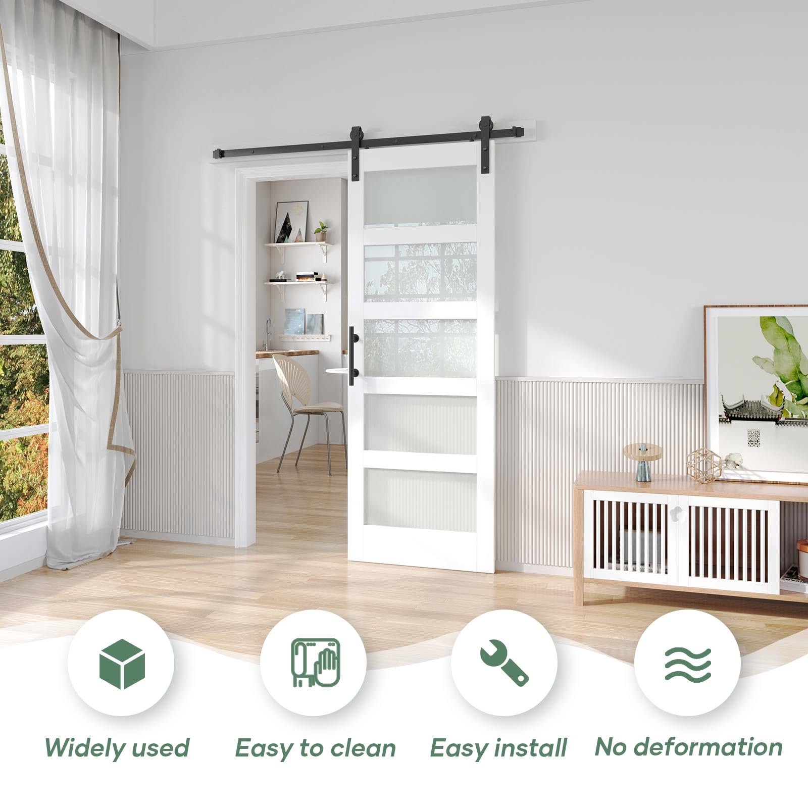 Fredbeck 32in x 84in White Glass Barn Door with 5.5FT 66inch Sliding Door Hardware Kit Included & Handle,PVC Surface,Need to Assembly,Water-Proof,Fit 29in-31in Opening