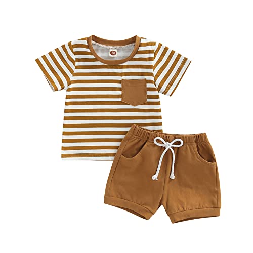 Toddler Baby Boy Summer Clothes Short Sleeve Stripes T-Shirt Shorts Set 2 Piece Outfit Brown 18-24 Months