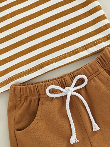 Toddler Baby Boy Summer Clothes Short Sleeve Stripes T-Shirt Shorts Set 2 Piece Outfit Brown 18-24 Months