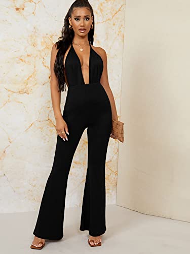 WDIRARA Women's Halter Tie Backless Sexy Deep V Neck Sleeveless Flare Party Jumpsuit Black S
