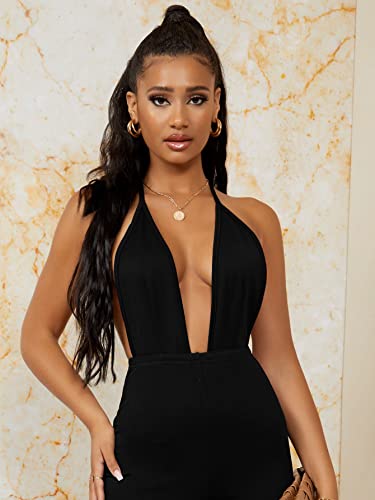 WDIRARA Women's Halter Tie Backless Sexy Deep V Neck Sleeveless Flare Party Jumpsuit Black S
