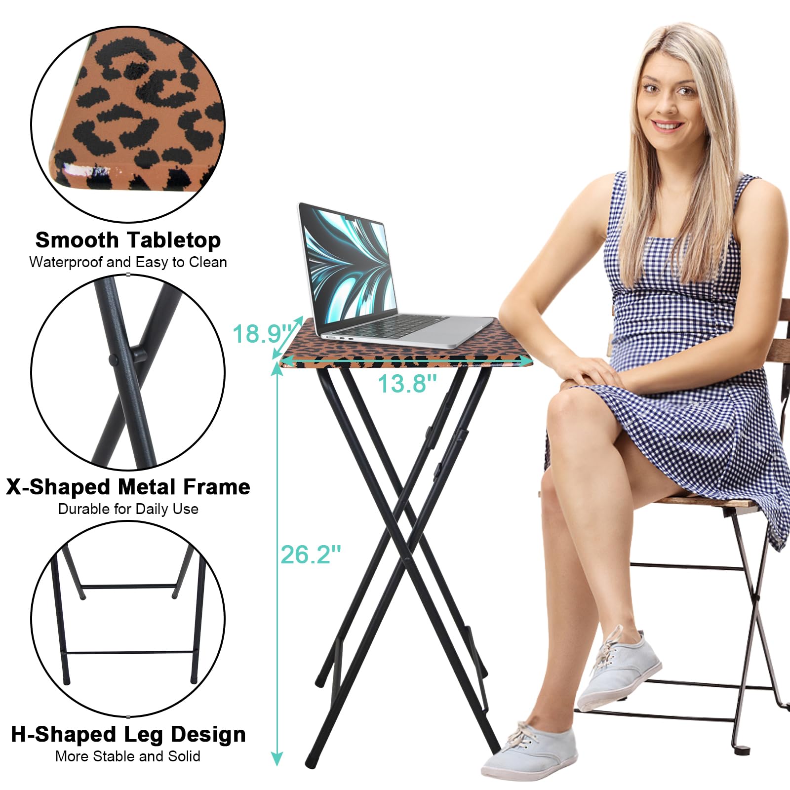 fusehome Folding TV Tray Table, TV Tray for Eating on Couch, Small Folding Table, Portable Tray Table Couch Desk, Foldable Snack Table, with Leopard Print, for Bed & Sofa, Living Room, Bedroom