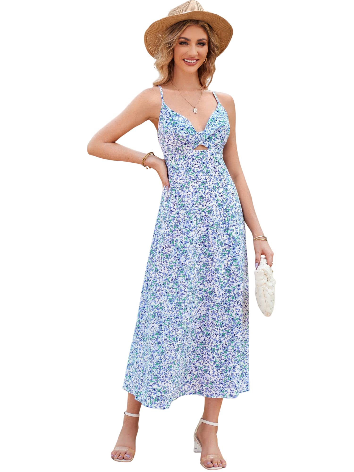 ZAFUL Women's Spaghetti Strap Floral Summer Hollow Twist Front Maxi Dresses Sexy Cutout V Neck Backless Vacation Dress