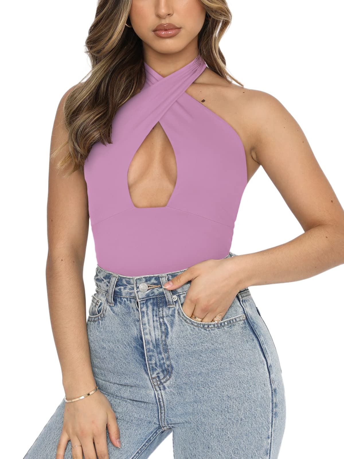 REORIA Women's Sexy Criss Cross Halter Neck Sleeveless Party Club Night Going Out Thong Bodysuits Tops Violet XX-Large