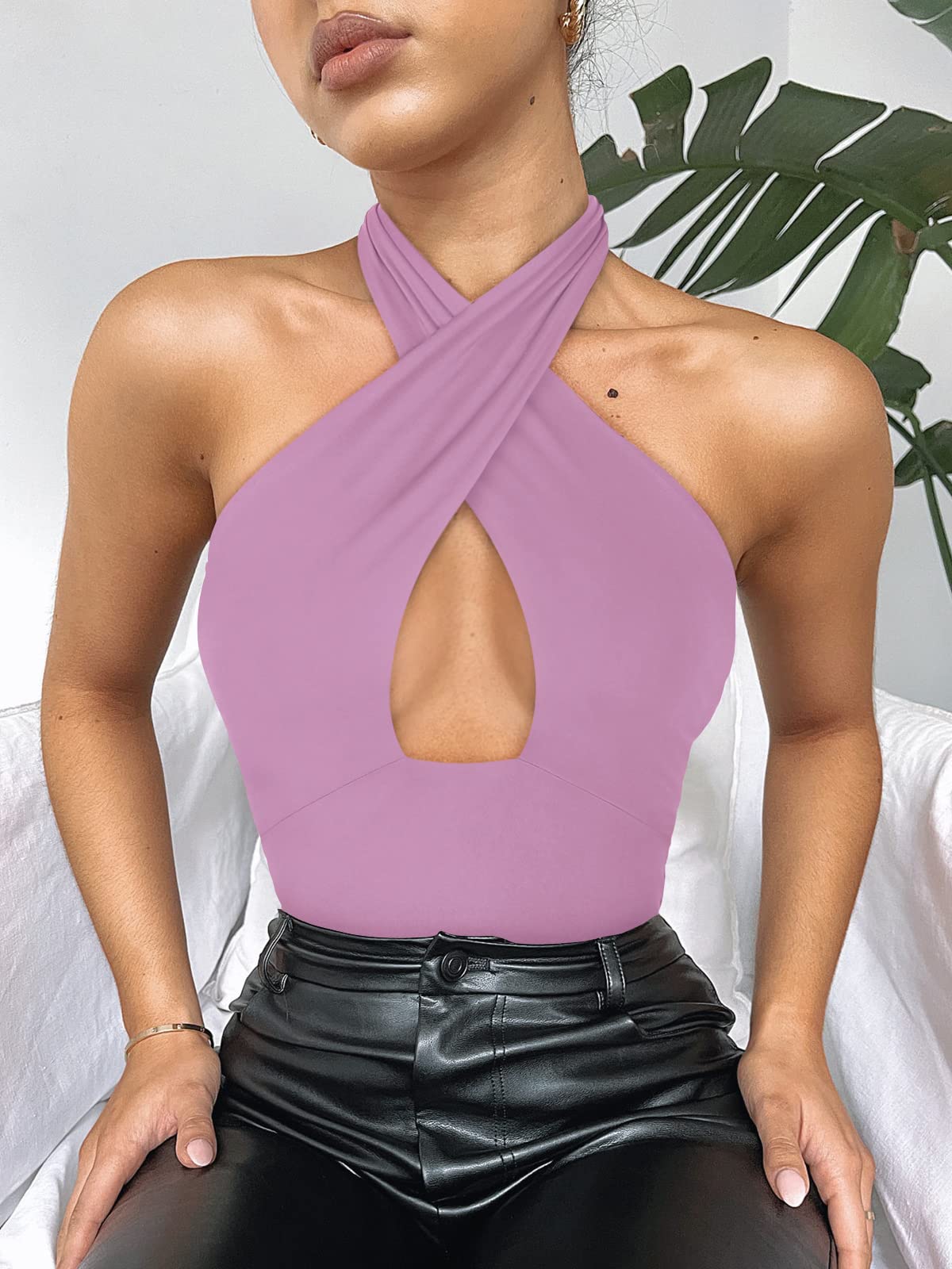 REORIA Women's Sexy Criss Cross Halter Neck Sleeveless Party Club Night Going Out Thong Bodysuits Tops Violet XX-Large