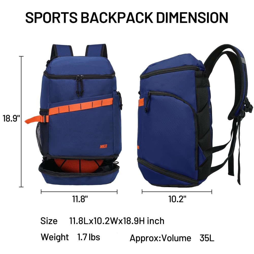 MIER Basketball Backpack Soccer Bag with Shoes/Ball Compartment, Large Sports Back Pack Equipment Bag for Men Women Athletes, 35L, Blue