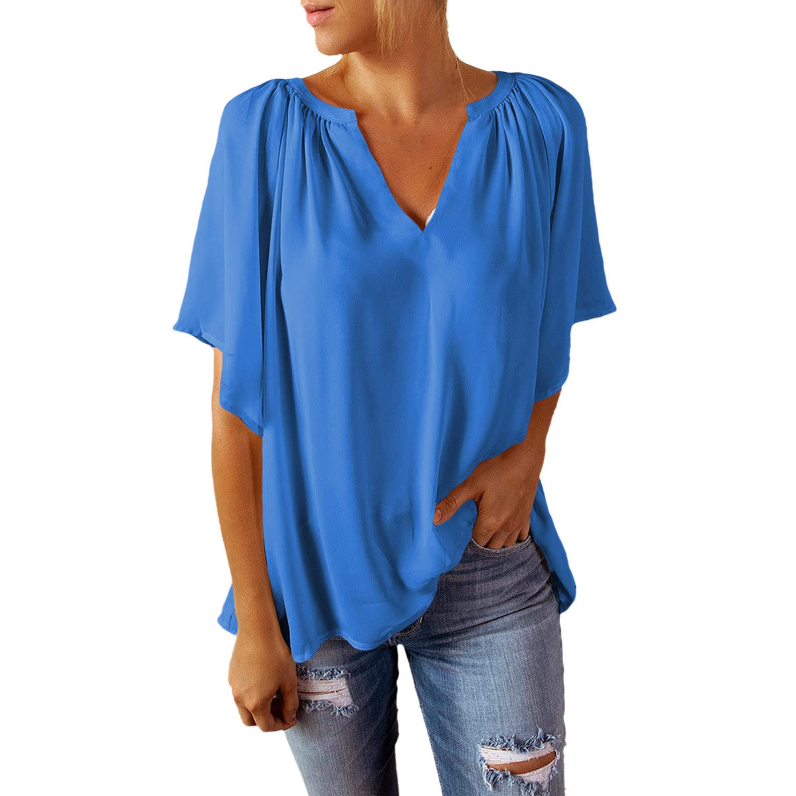 Blouses for Women Dressy Casual Sexy Women's Loose Casual Short Sleeve Chiffon Top V Neck T Shirt Sexy Blouse Blue