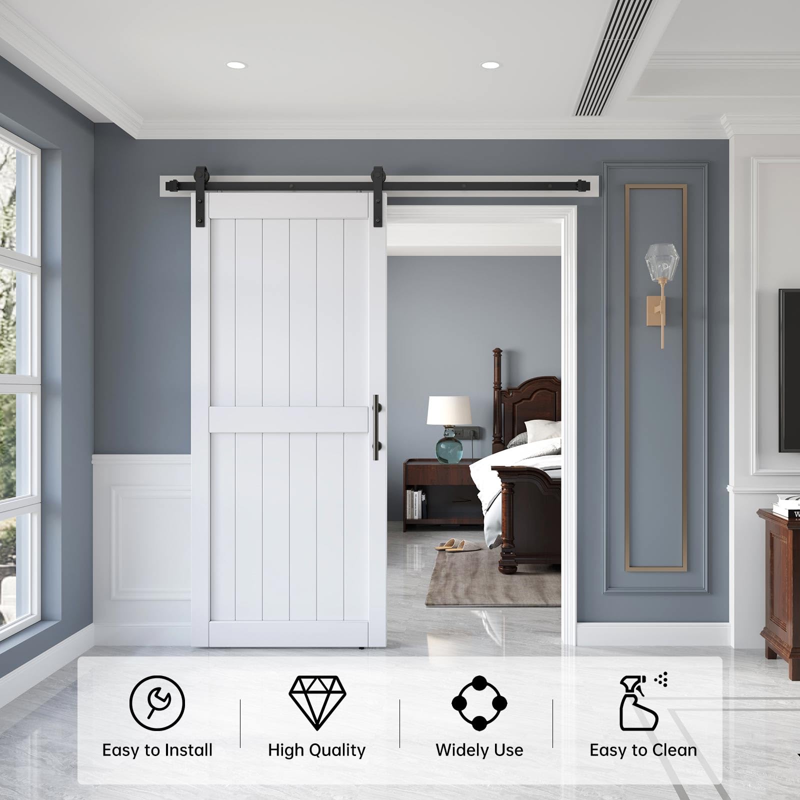 Finosen 36in x 84in White Barn Door Slab with 6.6FT Sliding Door Hardware Kit,Waterproof,Anti-Scratch,DIY Easy Assembly,Easy to Clean,H Frame