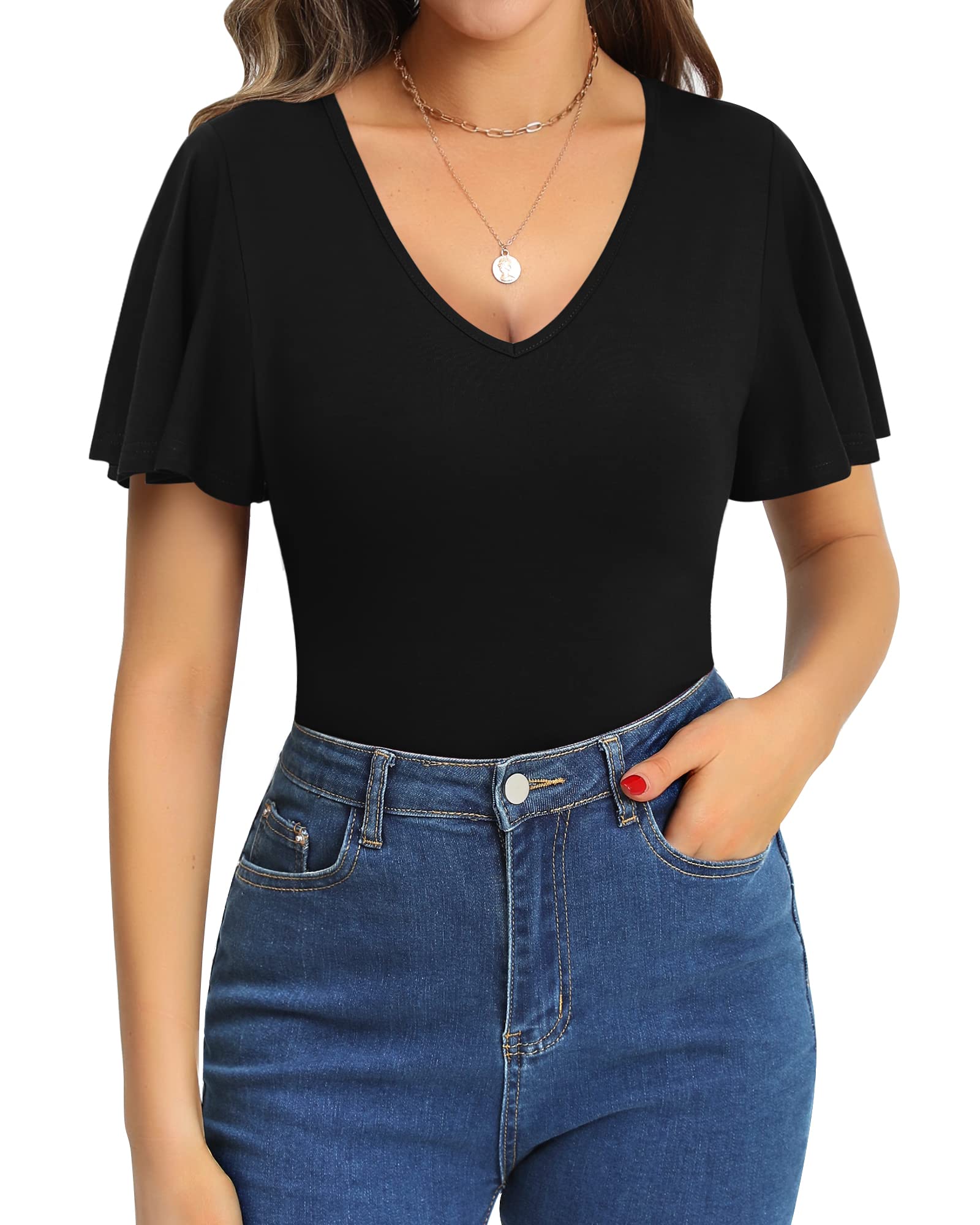 MANGOPOP Womens Deep V Neck Ruffle Short Sleeve Tops Sexy Bodysuit for Women Clothing