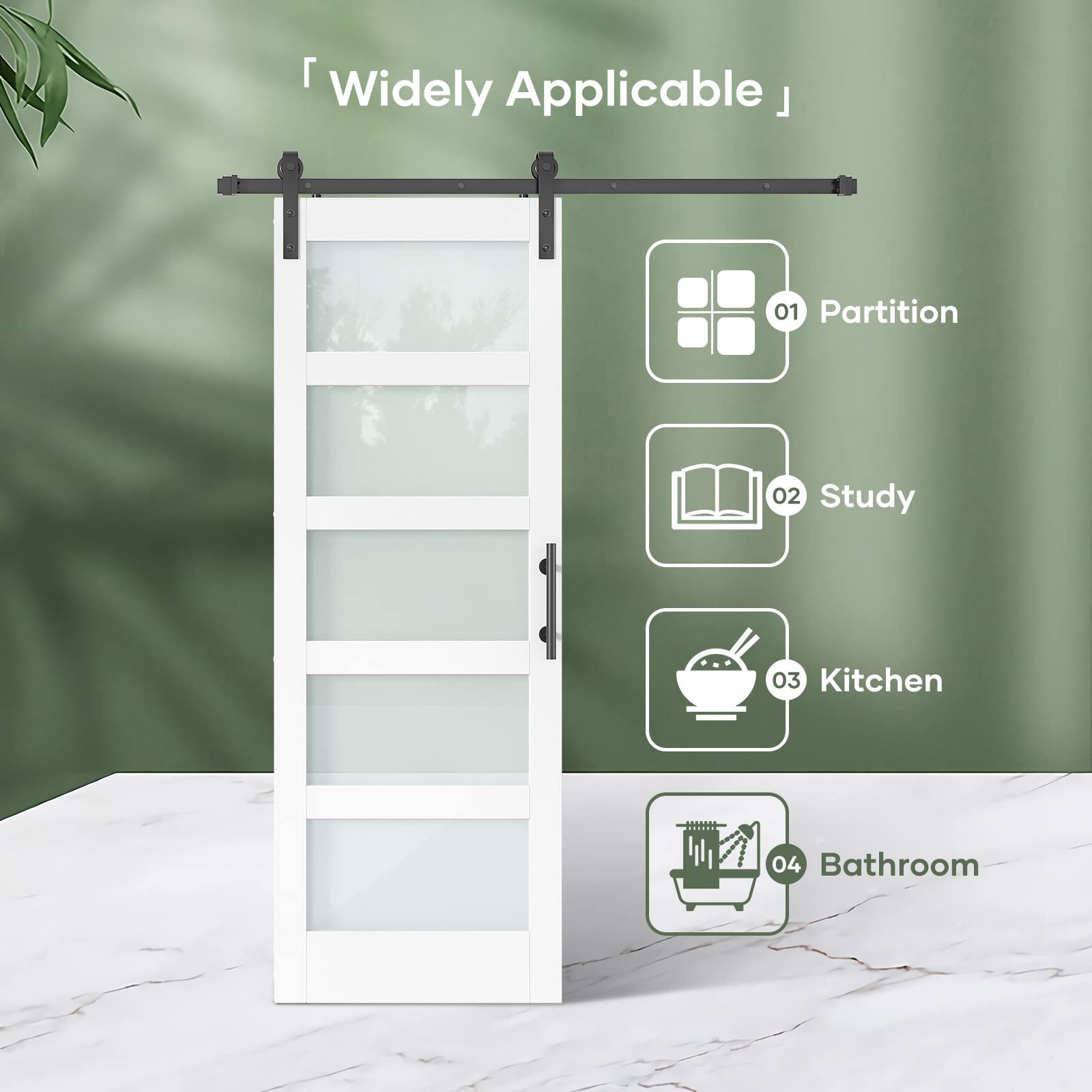 Fredbeck 32in x 84in White Glass Barn Door with 5.5FT 66inch Sliding Door Hardware Kit Included & Handle,PVC Surface,Need to Assembly,Water-Proof,Fit 29in-31in Opening