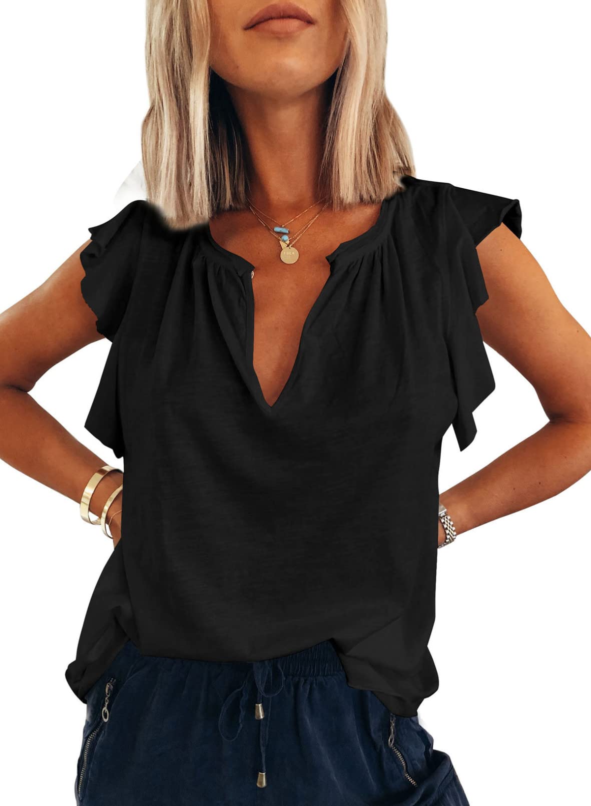 Dokotoo Ruffle Sleeve Tops for Women Summer Fashion Sexy V Neck Sleeveless Tank T-Shirt 2024 Ladies Casual Solid Color Ruffled Cap Sleeves Tunic Tee Shirts (Black, Large)