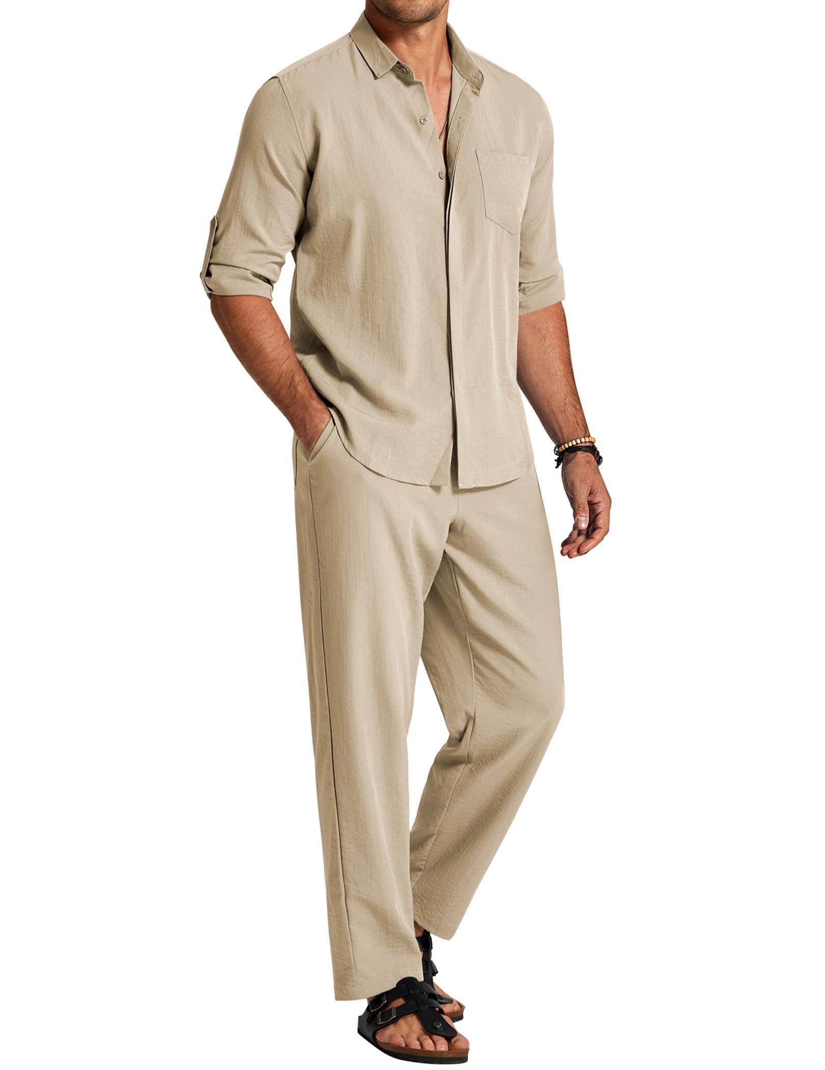 COOFANDY Beach Wear Linen Pants 2 Piece Men Casual Shirts Set Beach Party Wedding Outfits