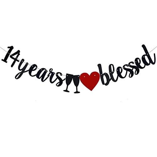 MJJLT 14 Years Blessed Black Paper Sign Banner for Boy/Girl's 14th Birthday Party Supplies, Pre-Strung 14th Wedding Anniversary Party Decorations