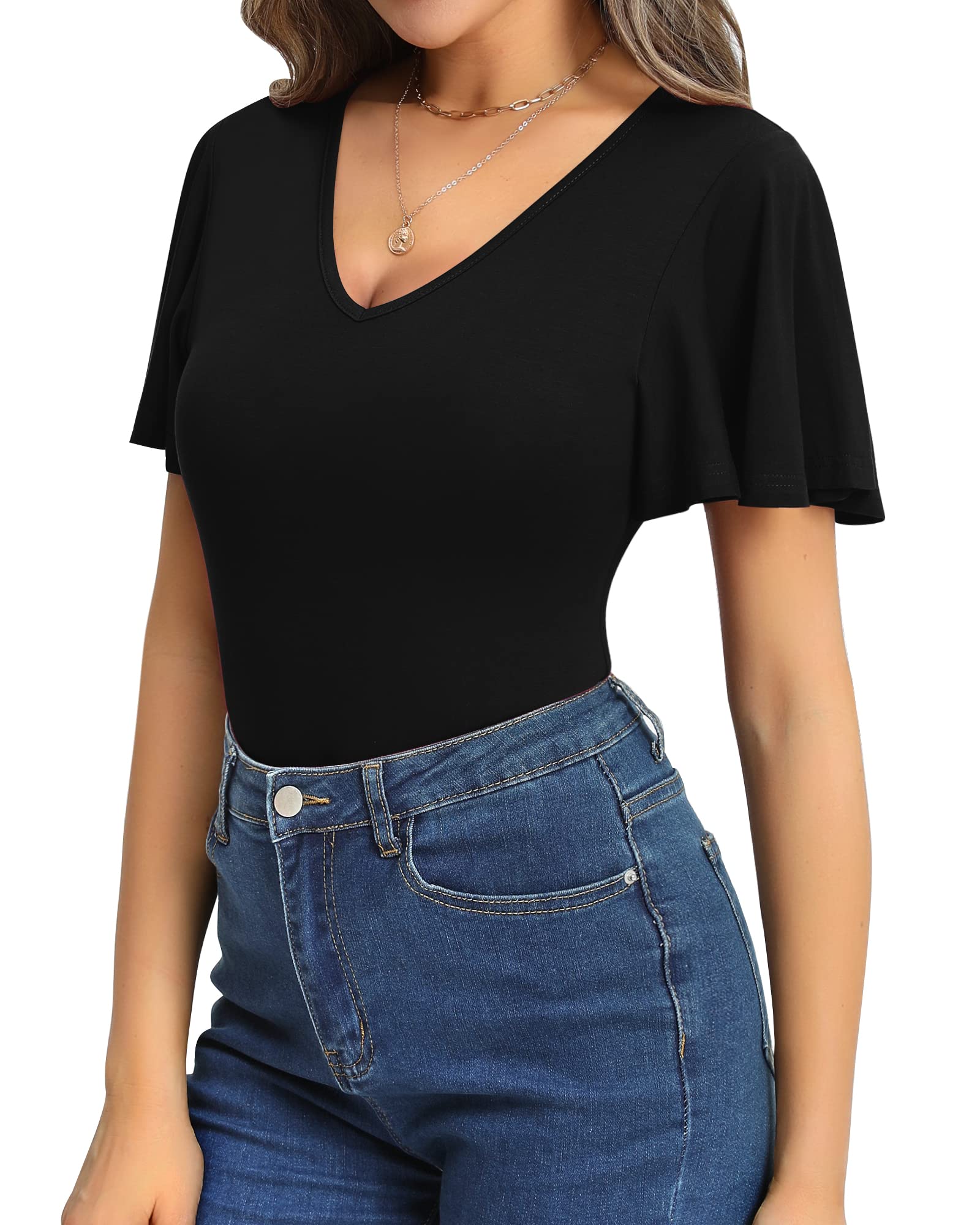 MANGOPOP Womens Deep V Neck Ruffle Short Sleeve Tops Sexy Bodysuit for Women Clothing