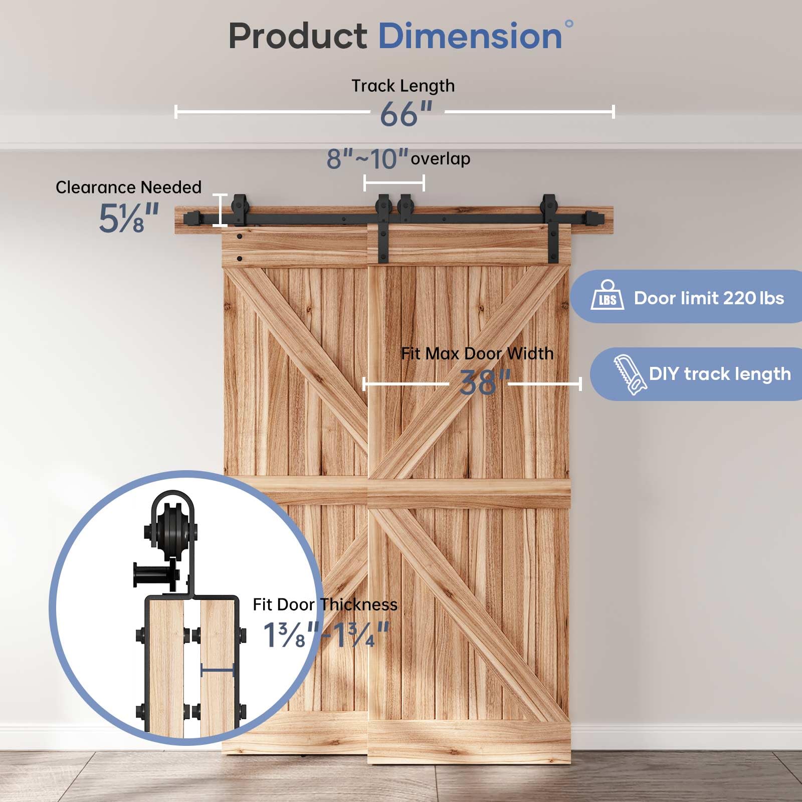 EaseLife 5.5FT Bypass Double Sliding Barn Door Hardware Kit,Single Track,Heavy Duty,Slide Smoothly Quietly,Easy Install, (5.5FT Track Kit for Double 38" Wide Door)