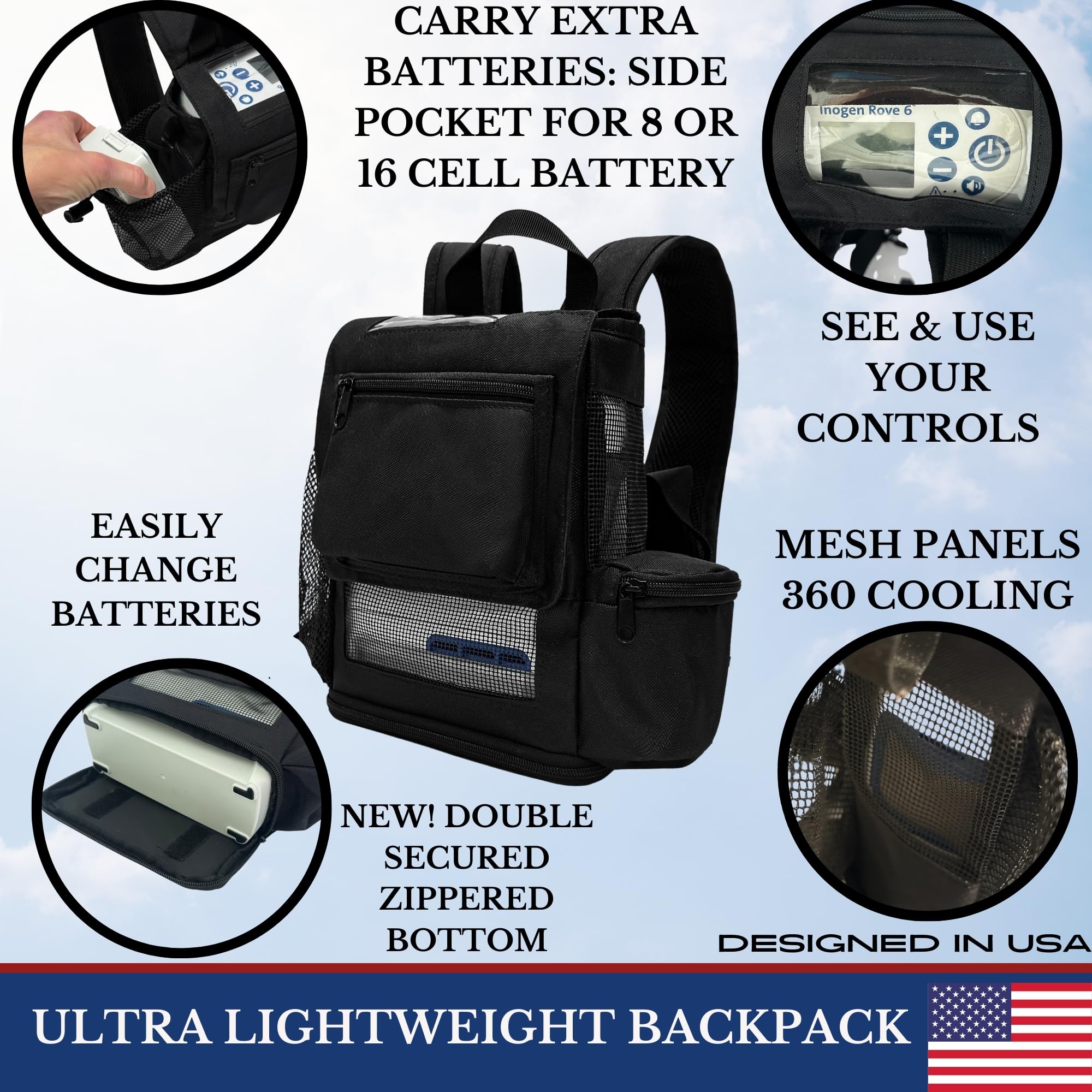 O2TOTES USA Lightweight Carrier for Inogen One G5 Oxygen Concentrator, Portable Oxygen Backpack with Adjustable Straps & Zippered Pockets (Black) Patented Design, New heavy duty zippered bottom