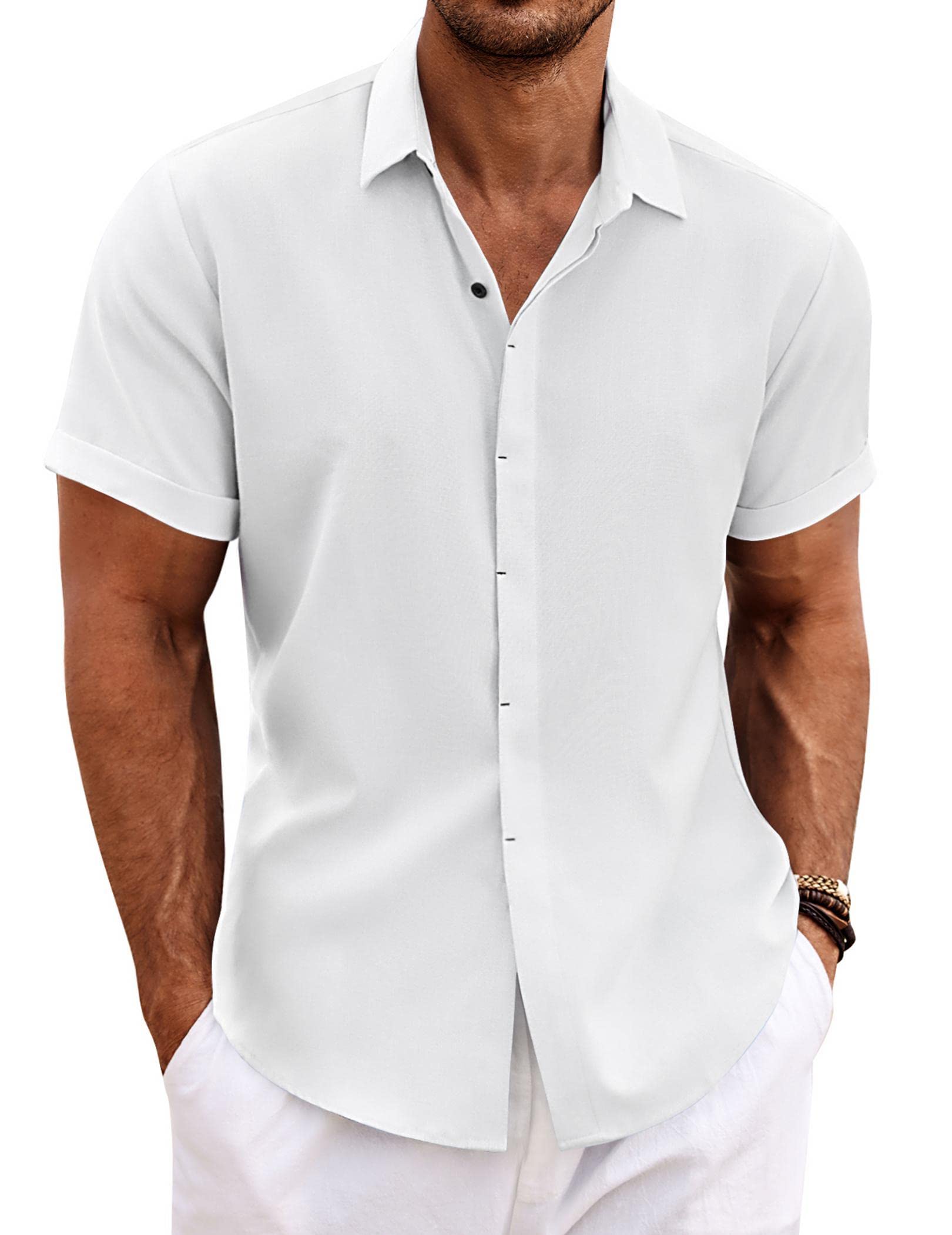COOFANDY Men's Summer Linen Shirt - Short Sleeve, Casual Button Down, Beach Wedding - White