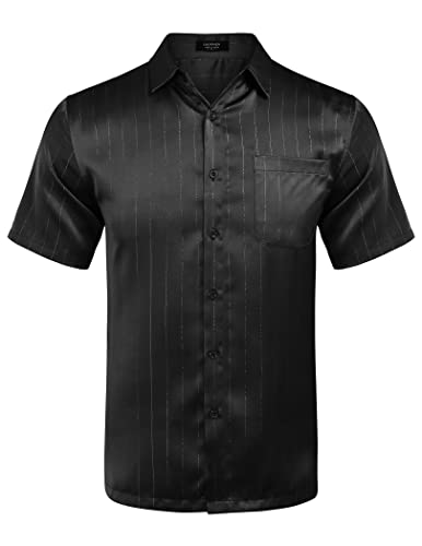COOFANDY Men's Silk Short Sleeve Dress Shirts Casual Satin Button Up Shirts with Pocket Party Prom Wedding Black