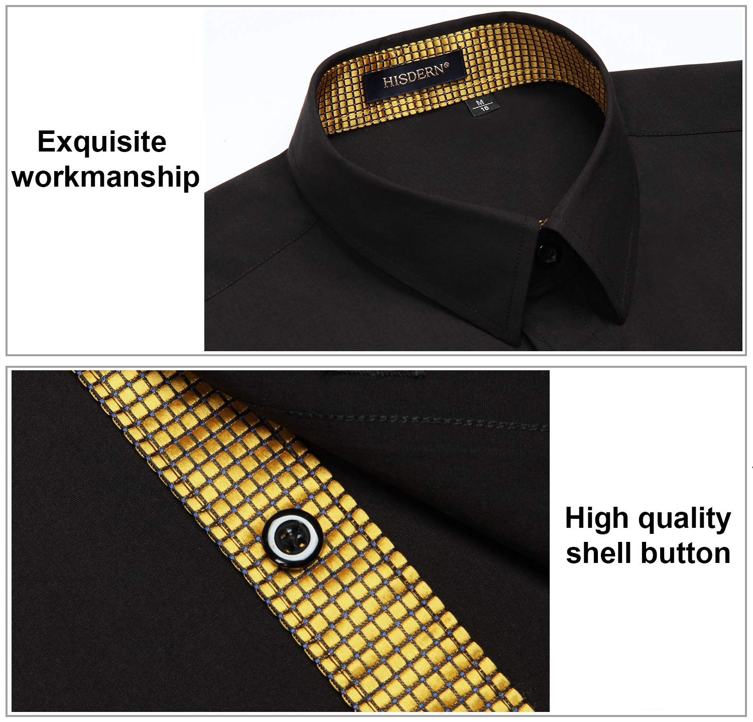 HISDERN Mens Black Dress Shirts Long Sleeve Casual Formal Button Down Shirt for Men Black Gold Plaid Inner Contrast Button Up Club Shirt