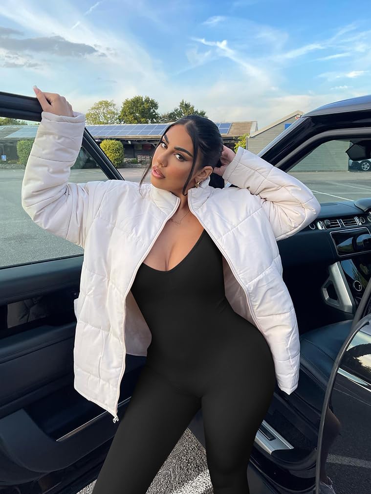 HYZ Women's Sexy Bodycon V Neck Long Sleeve High Stretchy Party One Piece Jumpsuit Black