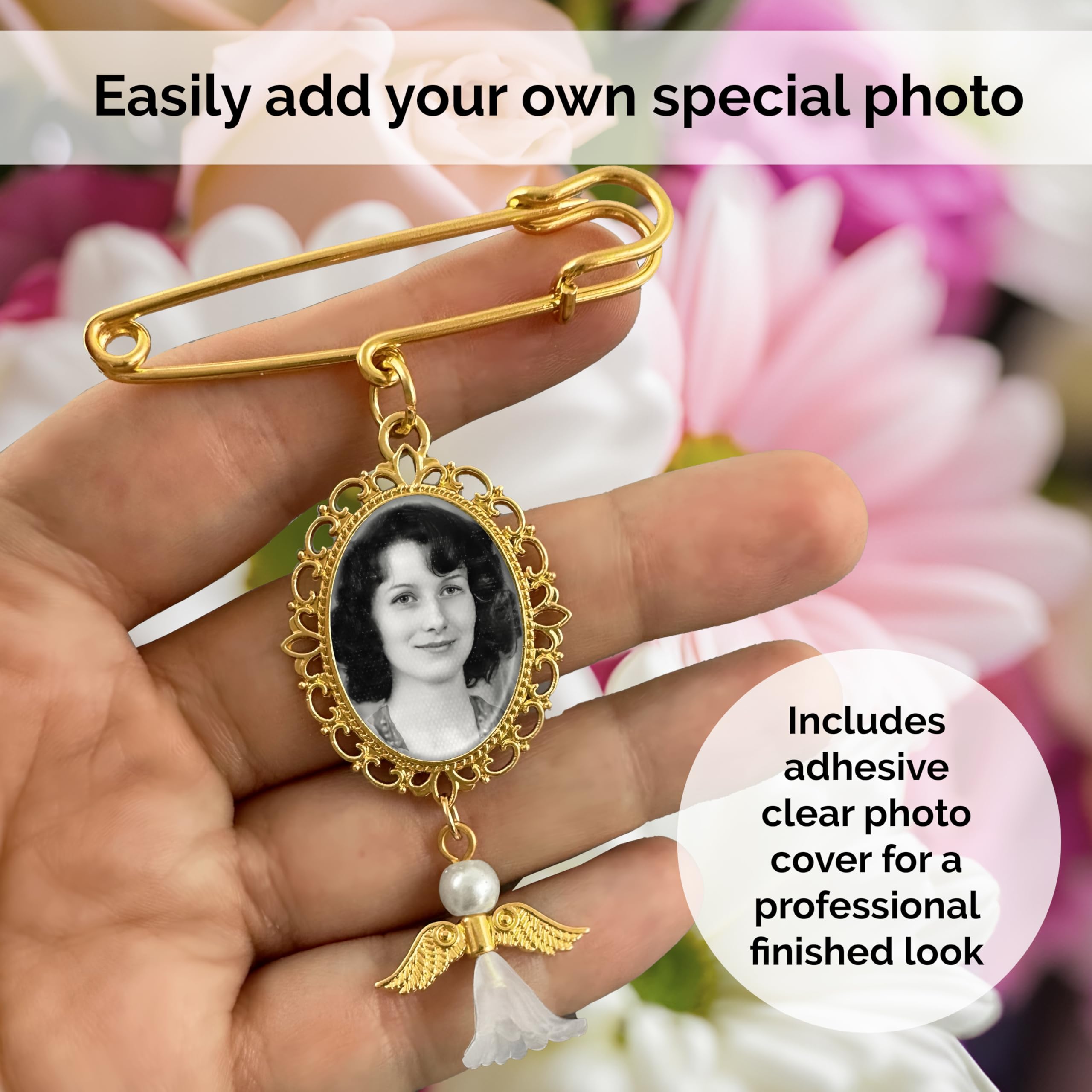 Gold Memorial Wedding Bouquet Photo Charm Pin with Angel Charm for Bride's Flowers on Wedding Day