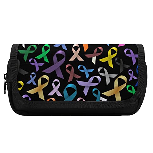 Cancer Awareness Color Ribbons Large Capacity Pencil Case Multi-Slot Pencil Bag Portable Pen Storage Pouch with Zipper
