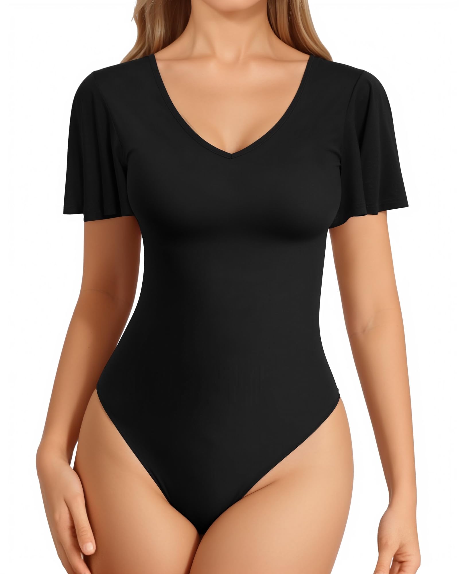MANGOPOP Womens Deep V Neck Ruffle Short Sleeve Tops Sexy Bodysuit for Women Clothing