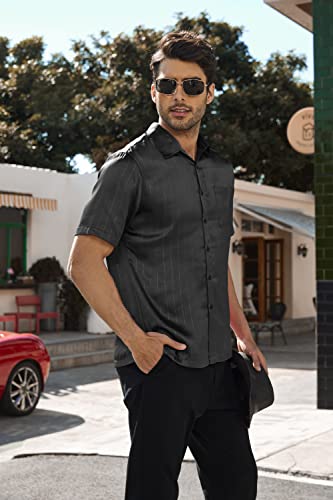 COOFANDY Men's Silk Short Sleeve Dress Shirts Casual Satin Button Up Shirts with Pocket Party Prom Wedding Black