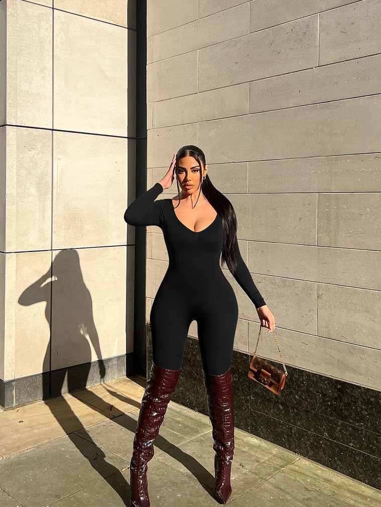 HYZ Women's Sexy Bodycon V Neck Long Sleeve High Stretchy Party One Piece Jumpsuit Black