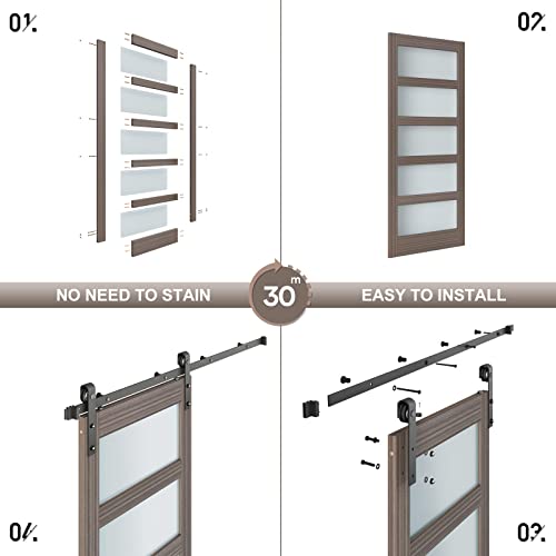 ROYMELO 36x84 Inch Glass Sliding Barn Door Slab and 6.6ft Hardware Kit Included, 5 Frosted Glass, LVL Wood Panel Covered with Elephant Gray Water-Proof Scratch-Proof PVC Surface, Simple DIY Assembly