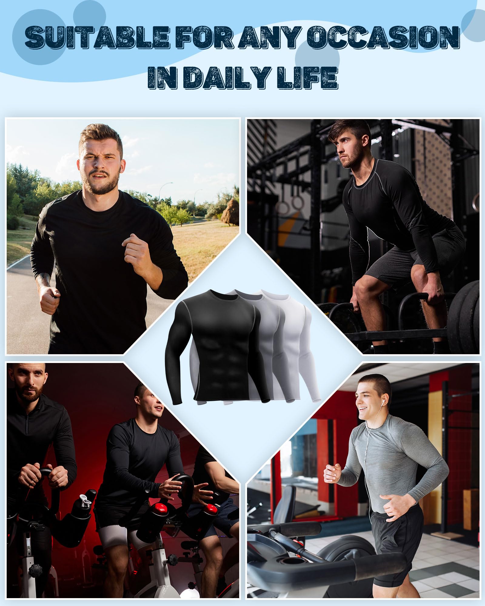 Hicarer 6 Pack Men's Athletic Compression Shirts Long Sleeve Workout Running Undershirt Thermal Sport Base Layer Top(Medium,Multicolor)