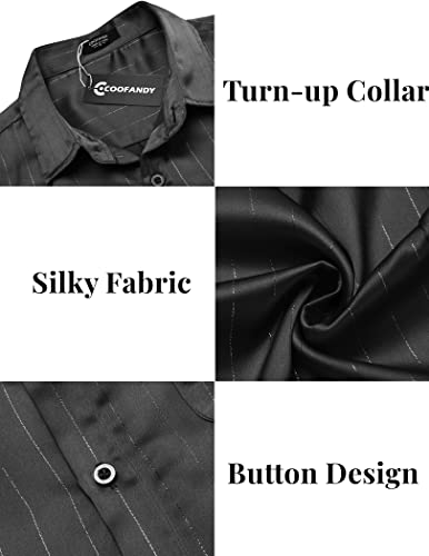 COOFANDY Men's Silk Short Sleeve Dress Shirts Casual Satin Button Up Shirts with Pocket Party Prom Wedding Black