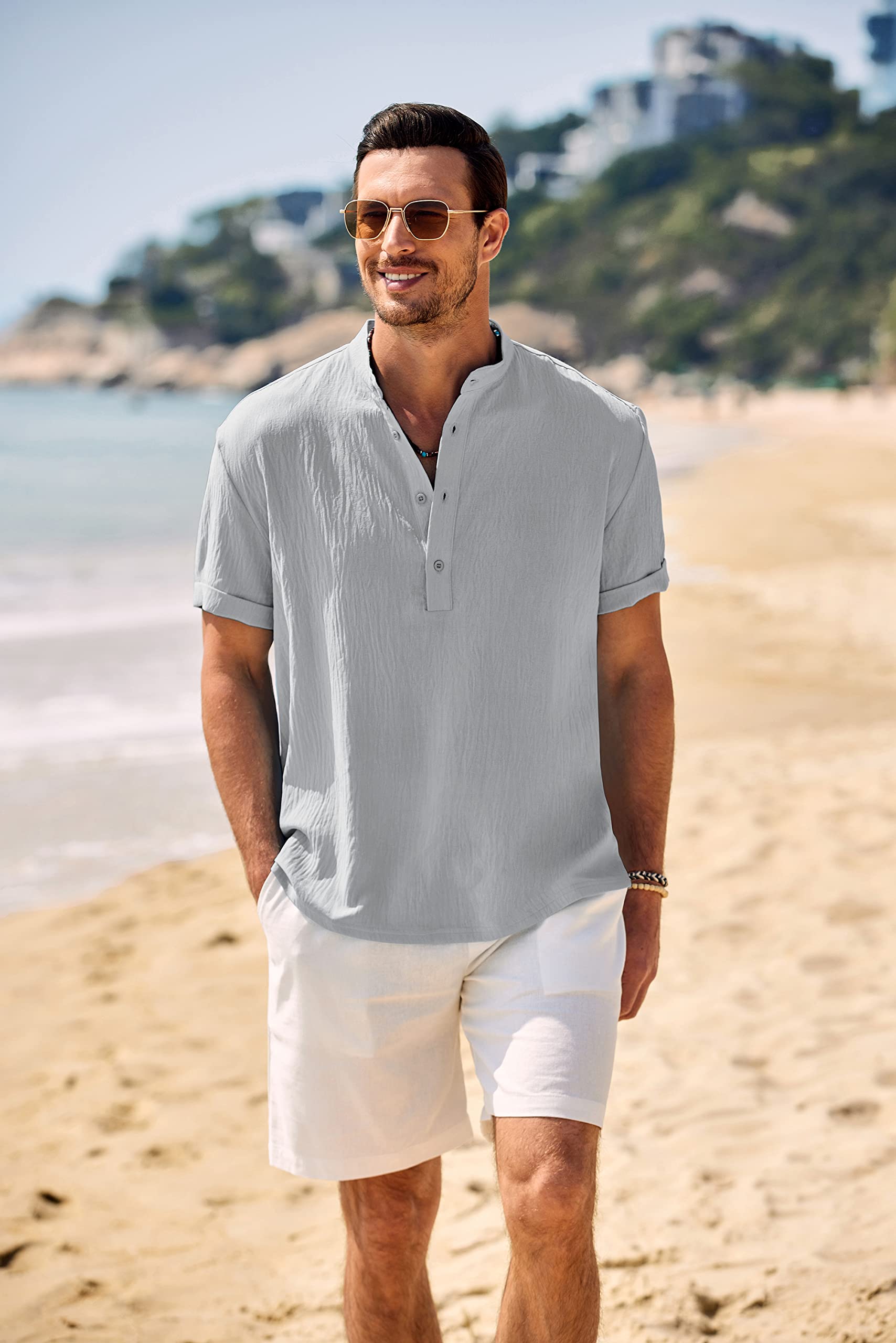 COOFANDY Men Hippie Beach T Shirts Band Collar Henley Shirt Summer Resort Wear Light Grey