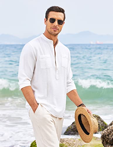 COOFANDY Men's Linen Henley Shirt Long Sleeve Casual Hippie Cotton Beach T Shirts White