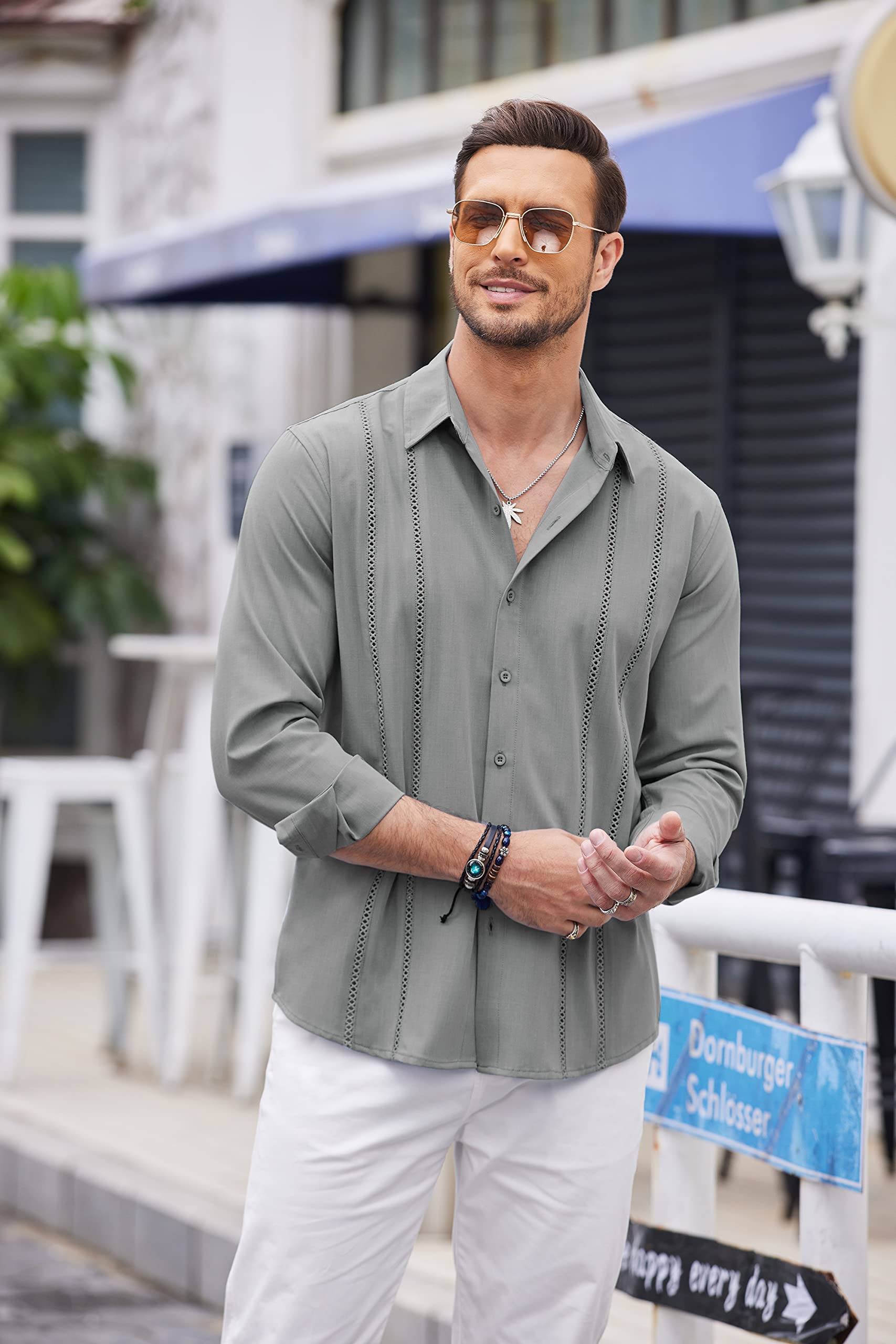 COOFANDY Men's Cuban Guayabera Shirts Casual Long Sleeve Button Down Shirt Summer Beach Tops Grey