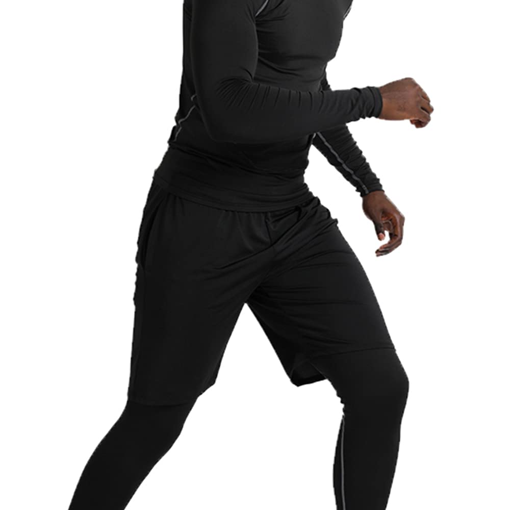 BUYJYA 5Pcs Men's Compression Pants Shirt Top Long Sleeve Jacket Athletic Sets Gym Clothing Mens Workout