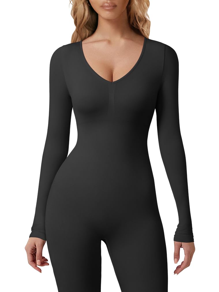 HYZ Women's Sexy Bodycon V Neck Long Sleeve High Stretchy Party One Piece Jumpsuit Black