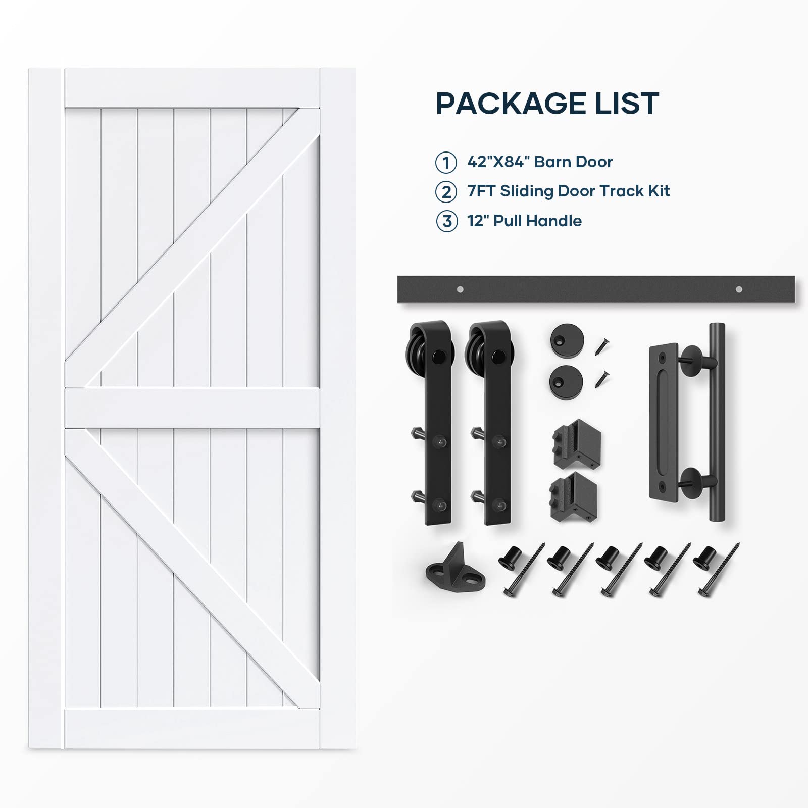 EaseLife 42in x 84in Sliding Barn Door with 7FT Barn Door Hardware Track Kit Included,Solid LVL Wood Slab Covered with Water-Proof & Scratch-Resistant PVC Surface,DIY Assembly,Easy Install,White