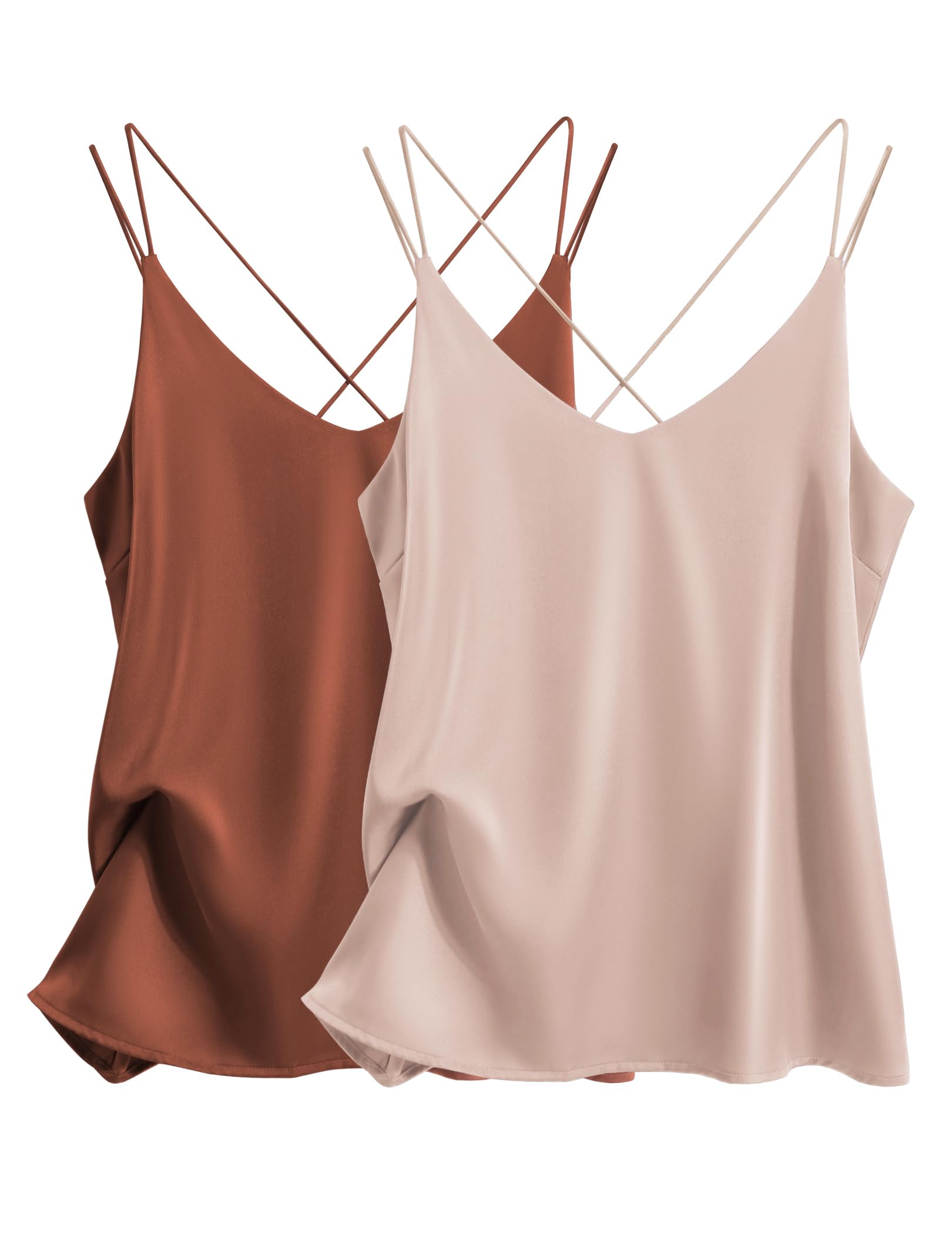 Ekouaer Womens 2-Pack Silk Satin Camisole Tank Top V Neck Sexy Cross Back Spaghetti Strap Cami Sleeveless Lounge Tops