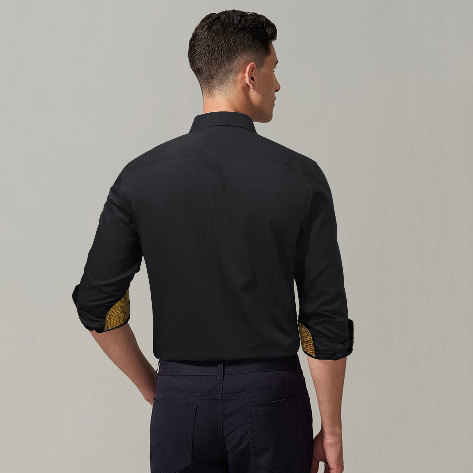 HISDERN Mens Black Dress Shirts Long Sleeve Casual Formal Button Down Shirt for Men Black Gold Plaid Inner Contrast Button Up Club Shirt