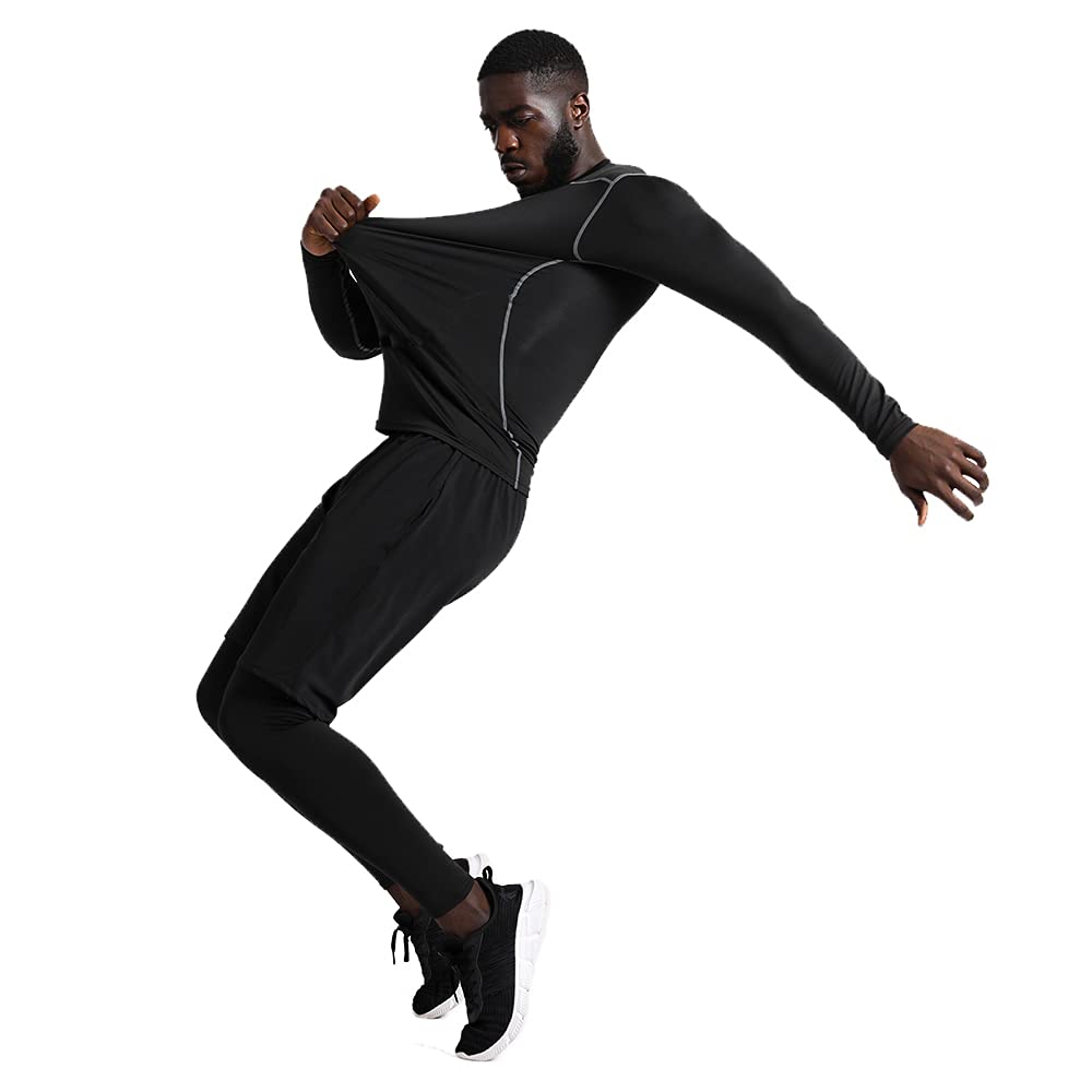 BUYJYA 5Pcs Men's Compression Pants Shirt Top Long Sleeve Jacket Athletic Sets Gym Clothing Mens Workout