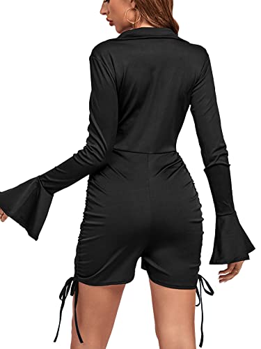 LYANER Women's Collar Low Cut Ruched Drawstring Sides Bell Long Sleeve Romper Short Jumpsuit Black# Large