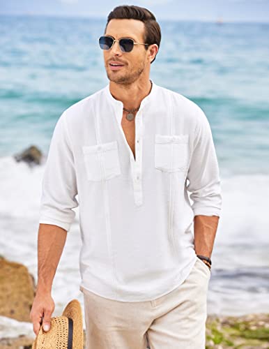 COOFANDY Men's Linen Henley Shirt Long Sleeve Casual Hippie Cotton Beach T Shirts White