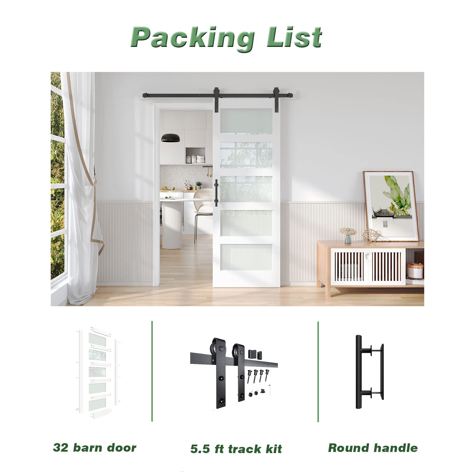 Fredbeck 32in x 84in White Glass Barn Door with 5.5FT 66inch Sliding Door Hardware Kit Included & Handle,PVC Surface,Need to Assembly,Water-Proof,Fit 29in-31in Opening