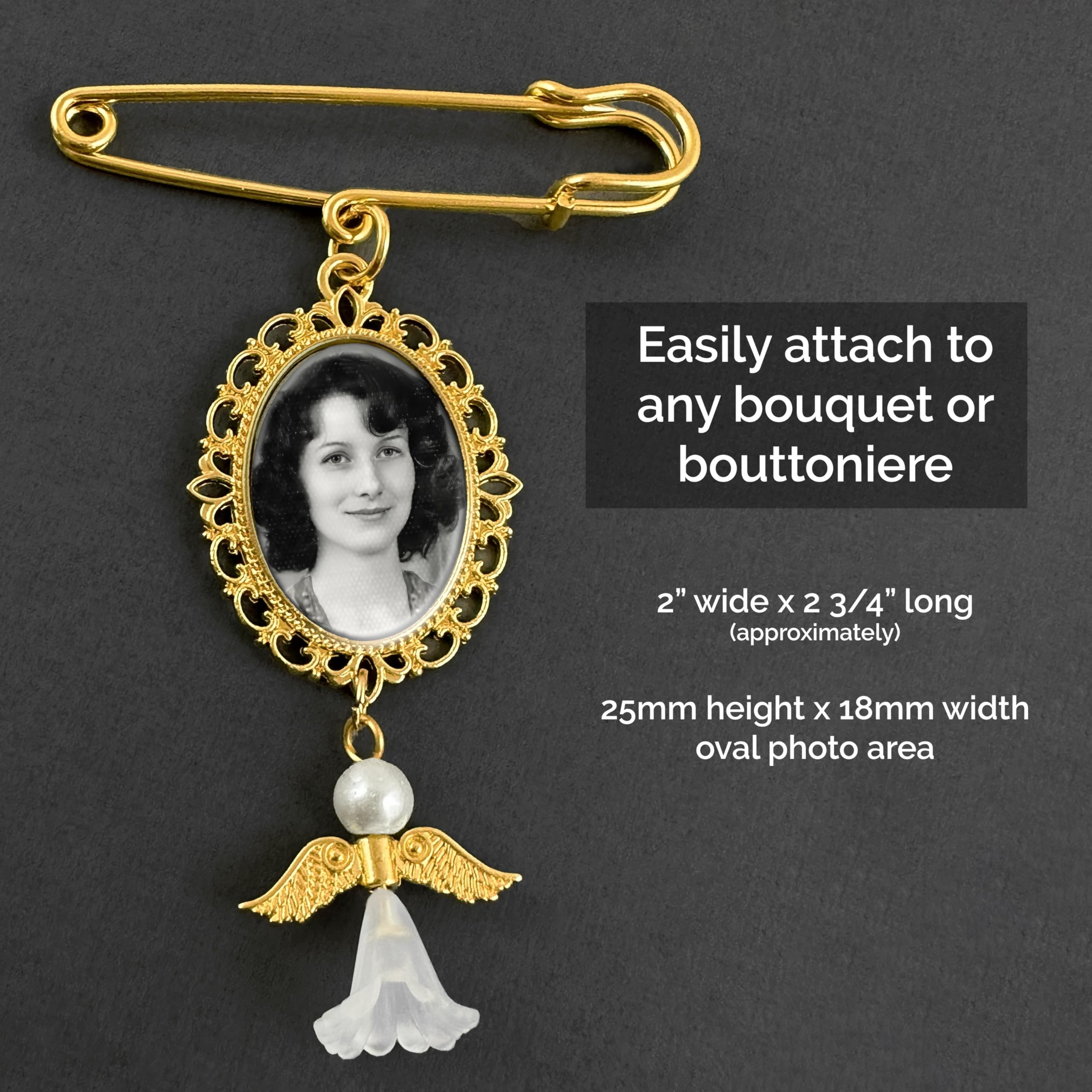 Gold Memorial Wedding Bouquet Photo Charm Pin with Angel Charm for Bride's Flowers on Wedding Day