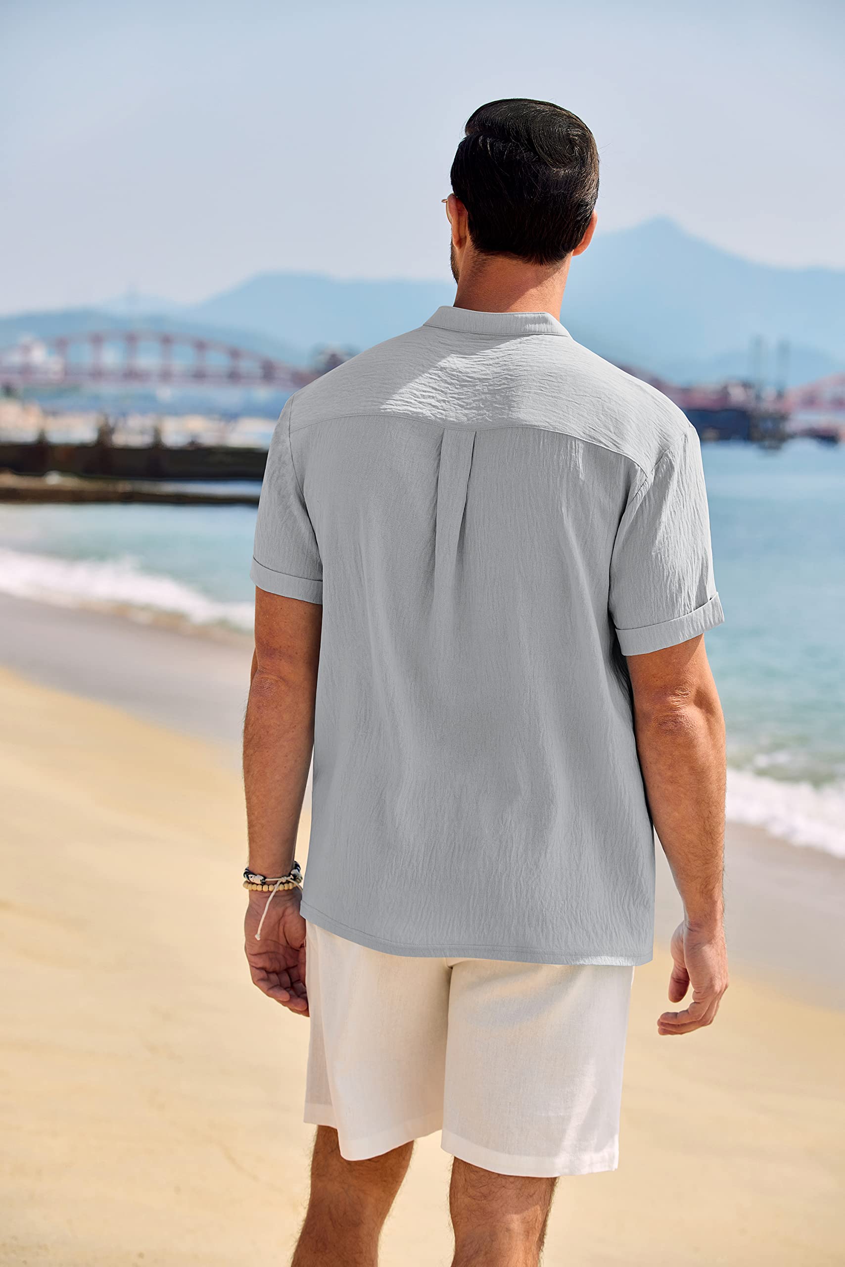 COOFANDY Men Hippie Beach T Shirts Band Collar Henley Shirt Summer Resort Wear Light Grey